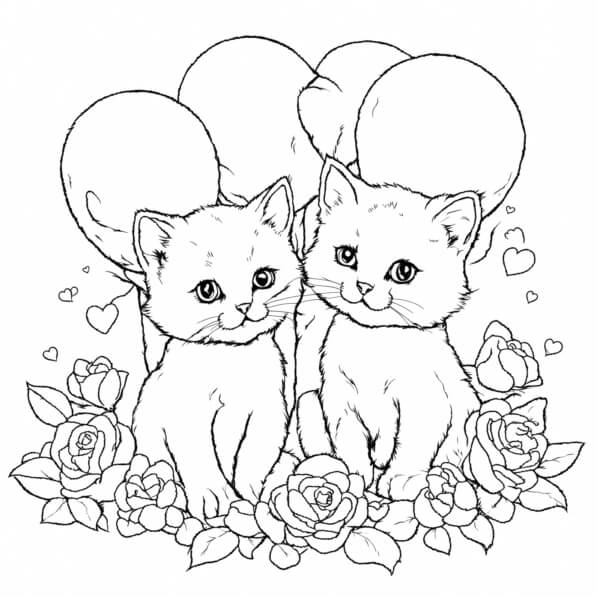 Download Cute Kittens with Balloons and Roses Coloring pages Online ...
