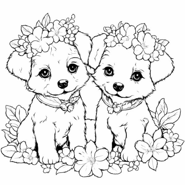 Download Two Adorable Puppies with Flower Crowns Coloring pages Online ...