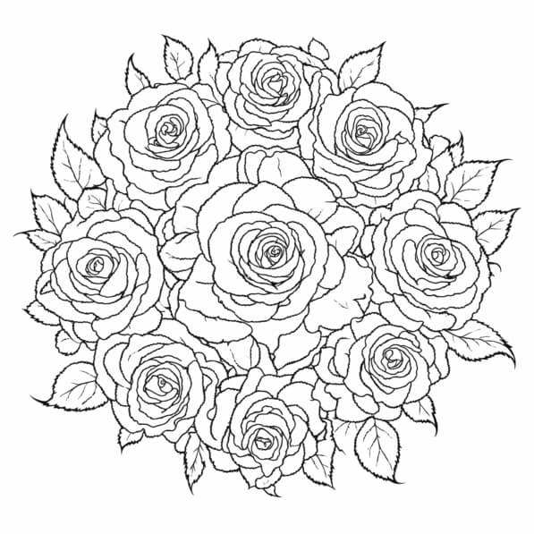 Download Intricate Rose Bouquet Line Drawing Coloring pages Online ...