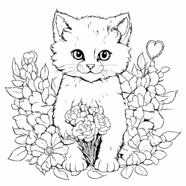 Download Illustrated Kitten Surrounded by Flowers Coloring pages Online ...