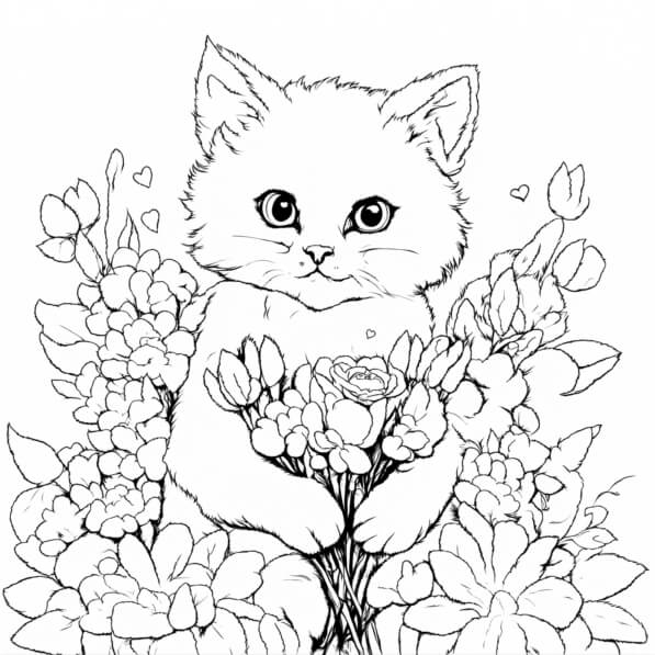 Download Cute Cat with Flowers Coloring pages Online - Creative Fabrica