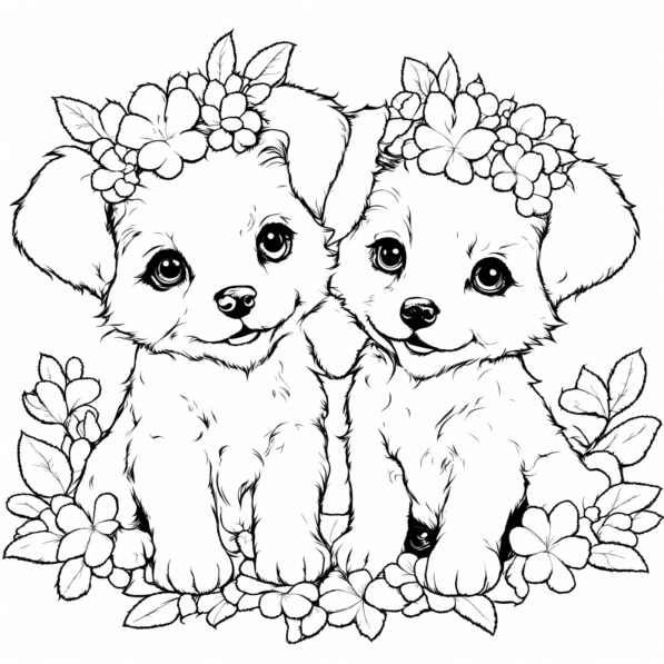 Download Two Adorable Puppies with Flower Crowns Coloring pages Online ...