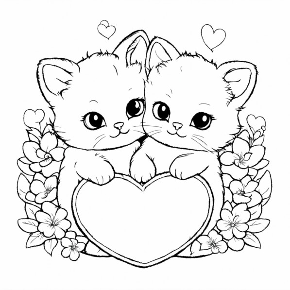 Download Two Kittens Cuddling with Heart Coloring pages Online ...