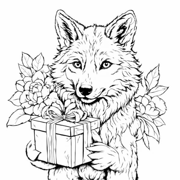Download Wolf Holding a Gift Box with Flowers Coloring pages Online ...