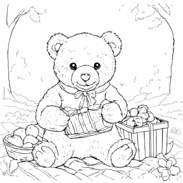 Download Cute Teddy Bear with Gifts and Eggs Coloring pages Online ...