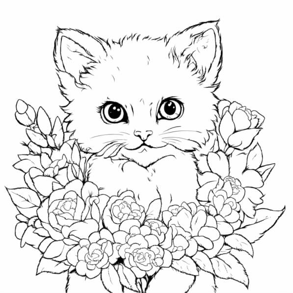 Download Cute Cat Surrounded by Flowers Coloring pages Online ...