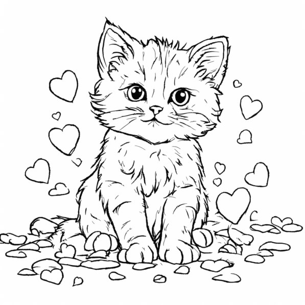 Download Cute Kitten Coloring Page with Hearts Coloring pages Online ...