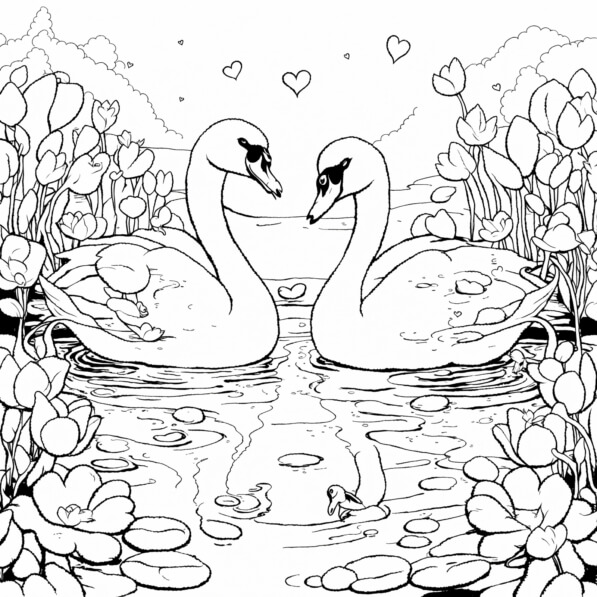 Download Two Swans in Love on a Serene Lake Coloring pages Online ...