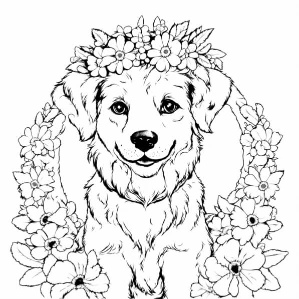 Download Puppy with Floral Crown Coloring pages Online - Creative Fabrica