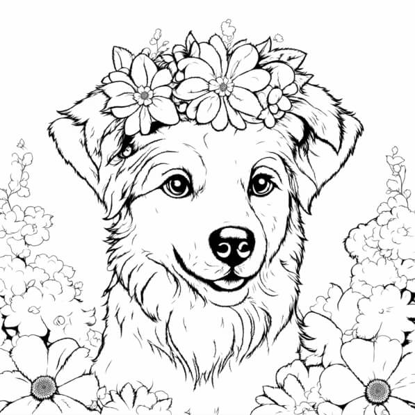 Download Cheerful Dog with Floral Crown Coloring pages Online ...