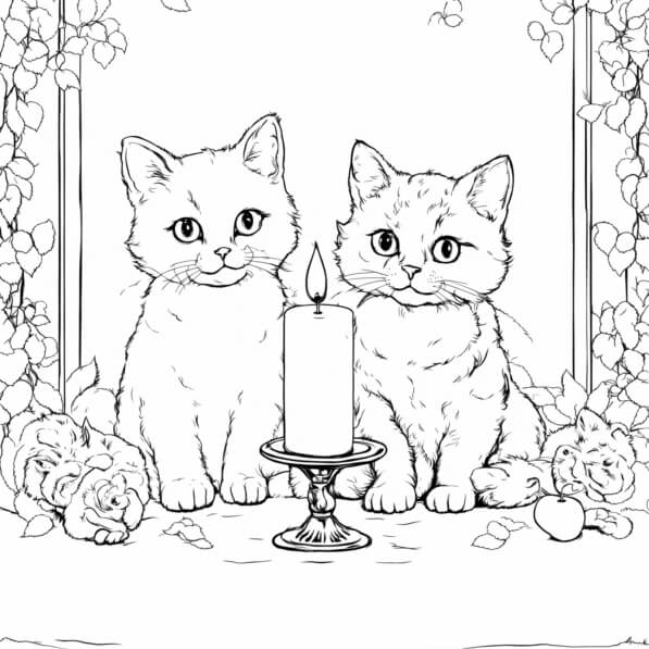 Download Two Cats with Candle Coloring pages Online - Creative Fabrica