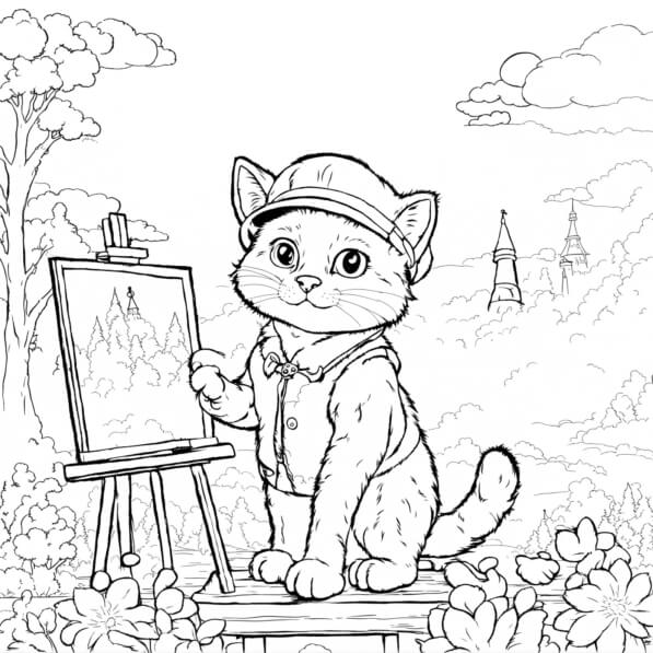 Baixe Gato Artista Pintando uma Paisagem Colorir páginas - Creative Fabrica