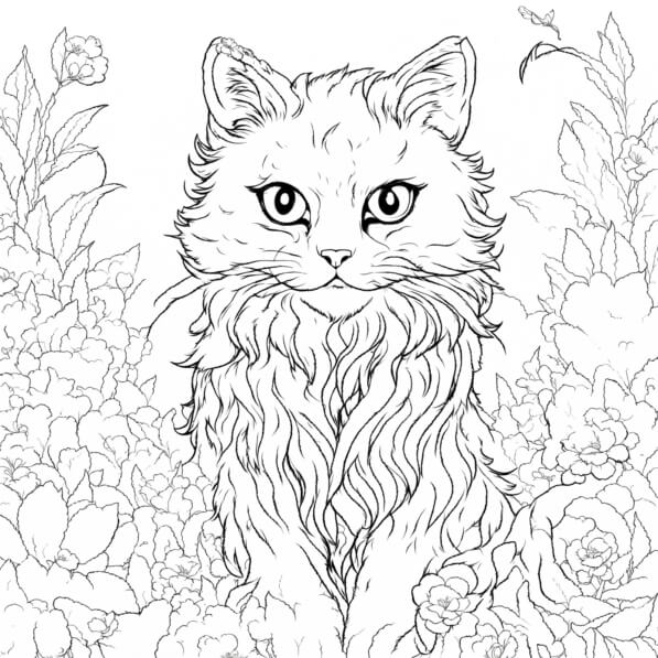 Download Line Drawing of a Cat Surrounded by Flowers Coloring pages ...