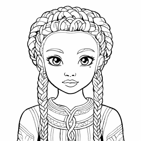 Download Illustration of a Young Girl with Braided Hair Coloring pages Online - Creative Fabrica