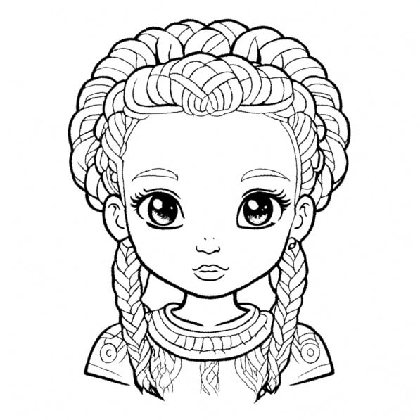 Download Stylized Illustration of a Girl with Braided Hair Coloring pages Online - Creative Fabrica