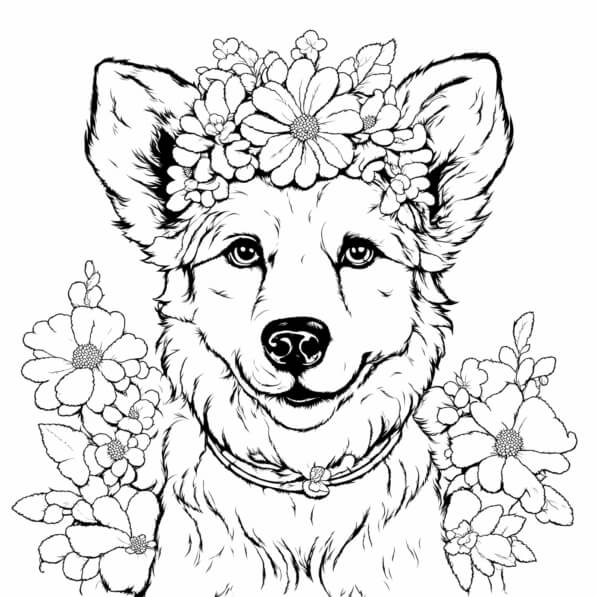Download Illustration of a Dog with Floral Crown Coloring pages Online ...