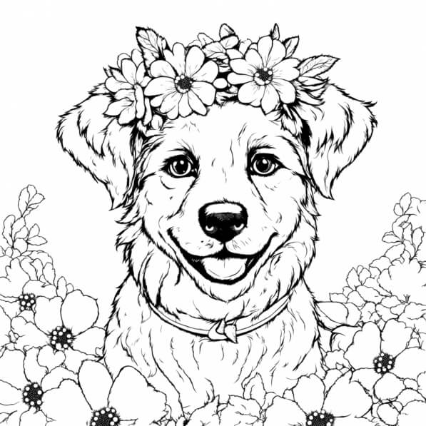 Download Cheerful Dog with Flower Crown Coloring pages Online ...