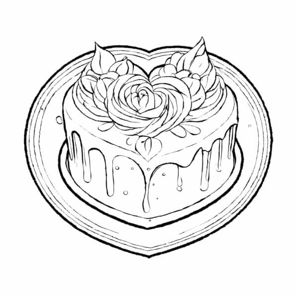 Download Heart-Shaped Cake with Rose Decorations Coloring pages Online ...