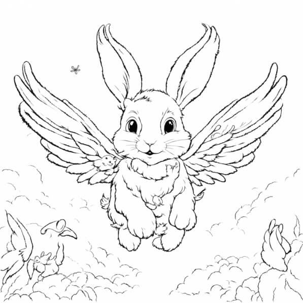 Download Flying Rabbit with Wings in the Clouds Coloring pages Online ...