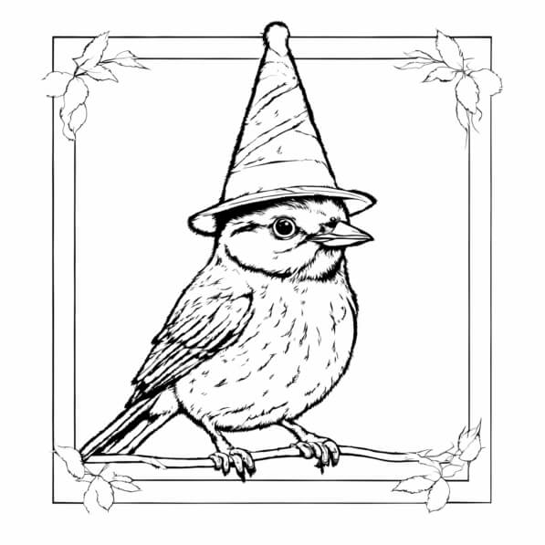 Download Bird with Party Hat Coloring pages Online - Creative Fabrica