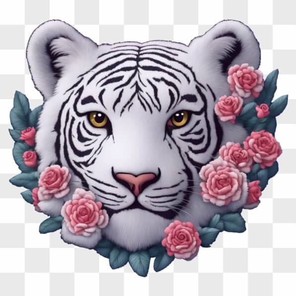 Download White Tiger Surrounded by Roses Cartoons Online - Creative Fabrica