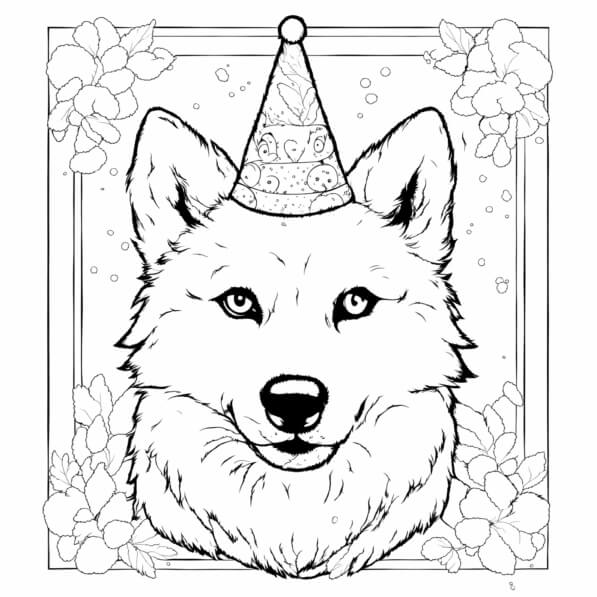 Download Wolf with Party Hat in Floral Frame Coloring pages Online ...