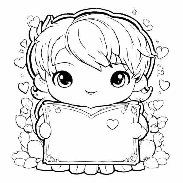Download Cute Character Holding a Book Surrounded by Hearts Coloring ...
