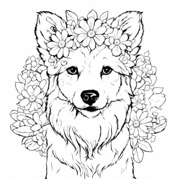 Download Wolf with Flower Crown Coloring pages Online - Creative Fabrica