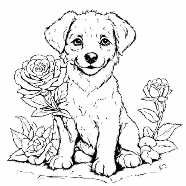 Download Puppy with Roses Coloring pages Online - Creative Fabrica