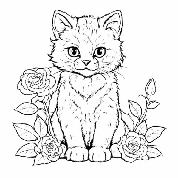 Download Cute Cat Surrounded by Roses Coloring pages Online - Creative ...
