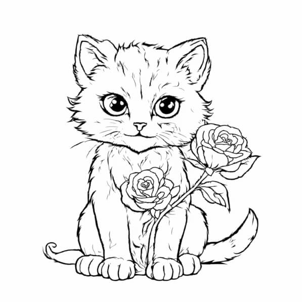 Download Cute Kitten with Roses Coloring pages Online - Creative Fabrica