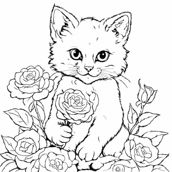 Download Kitten with Roses Coloring pages Online - Creative Fabrica