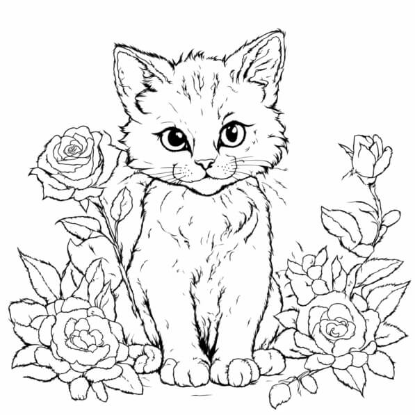 Download Fluffy Cat Surrounded by Roses Coloring pages Online ...
