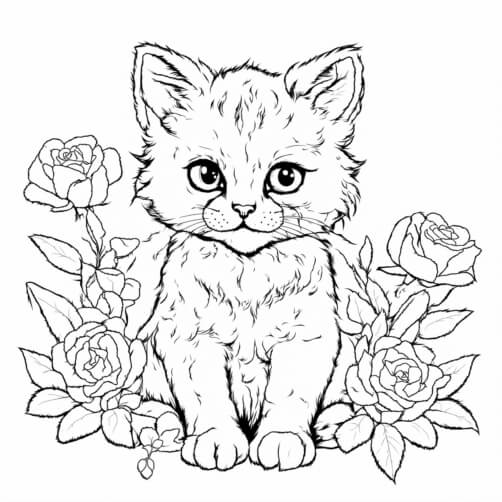 Download Cute Cartoon Kitten with Flowers Coloring pages Online ...