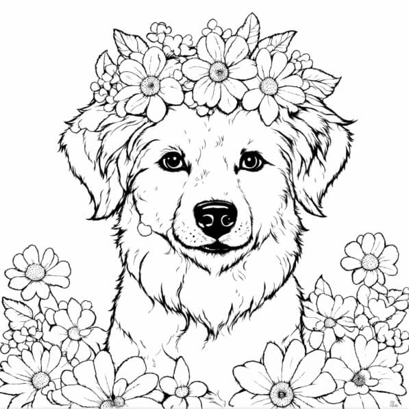 Download Dog with Floral Crown Coloring pages Online - Creative Fabrica