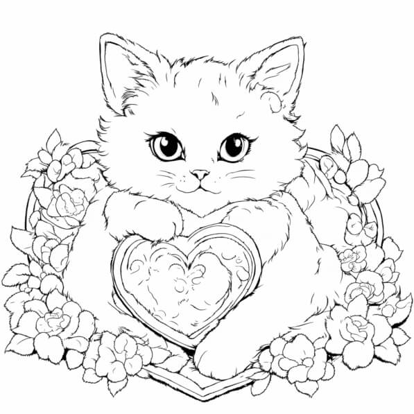 Download Cute Cat Holding Heart Surrounded by Flowers Coloring pages ...