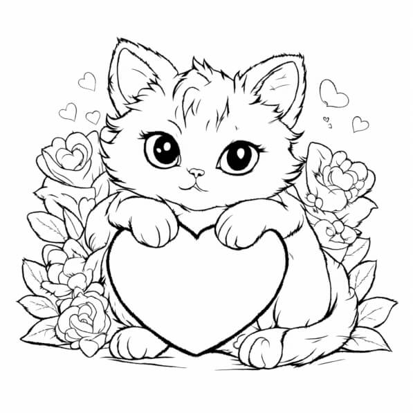 Télécharger Adorable chaton avec cœur et fleurs Pages de coloriage En ...
