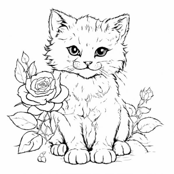 Download Cute Kitten with Roses in Line Art Style Coloring pages Online ...