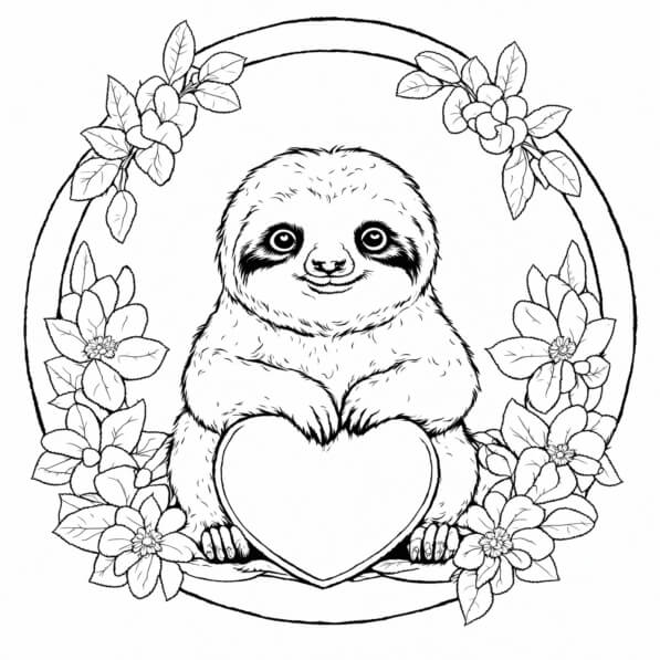 Download Cute Sloth with Heart and Flowers Coloring pages Online ...