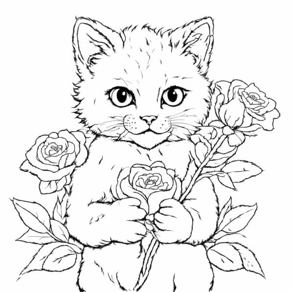 Download Cute Cat Holding Roses Illustration Coloring pages Online ...
