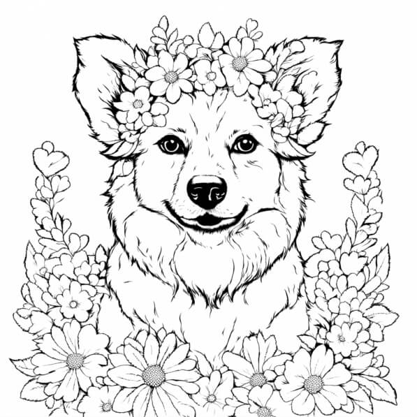 Download Illustrated Dog with Floral Crown Coloring pages Online ...