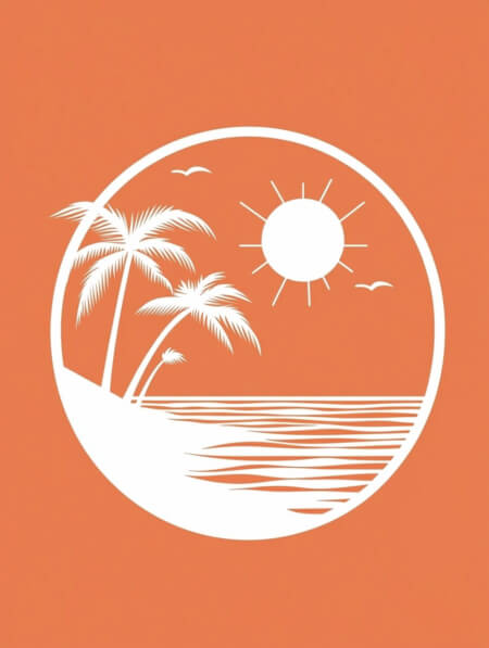 Download Stylized Beach Scene with Palm Trees and Sun Backgrounds ...