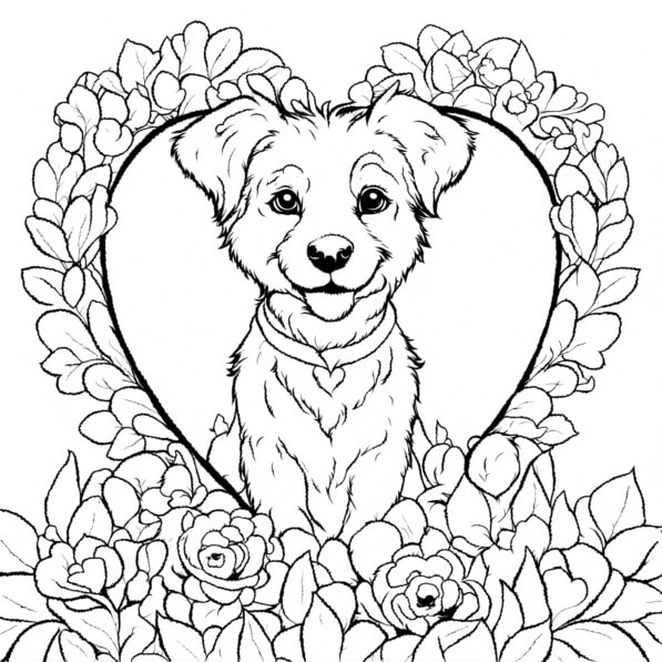 Télécharger Chien mignon dans un cœur floral Pages de coloriage En ...