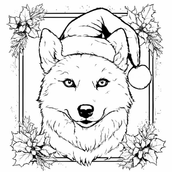 Descarga Lobo en sombrero de Santa con hojas de acebo Páginas para ...