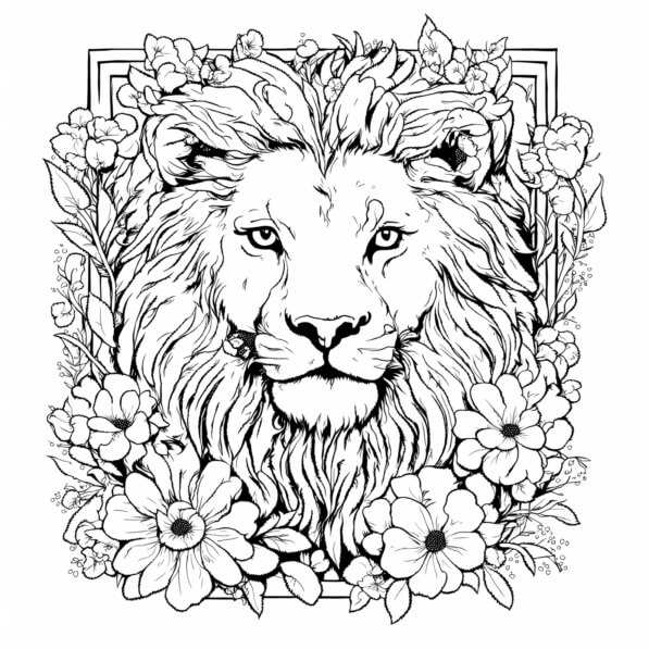 Descarga Ilustración de león rodeado de flores Páginas para colorear En ...