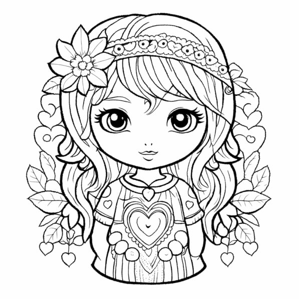 Download Line Art Girl with Floral Accents Coloring pages Online ...