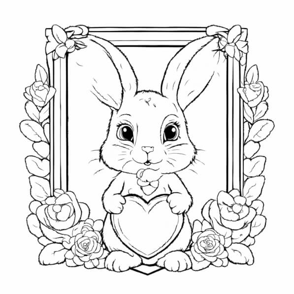 Download Cute Rabbit Holding Heart in Floral Frame Coloring pages ...