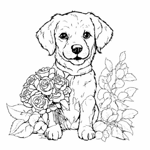 Descarga Perrito lindo rodeado de rosas Páginas para colorear En Línea ...