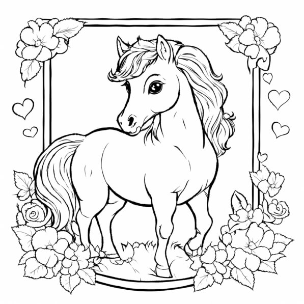 Download Cute Cartoon Pony with Floral Frame Coloring pages Online ...
