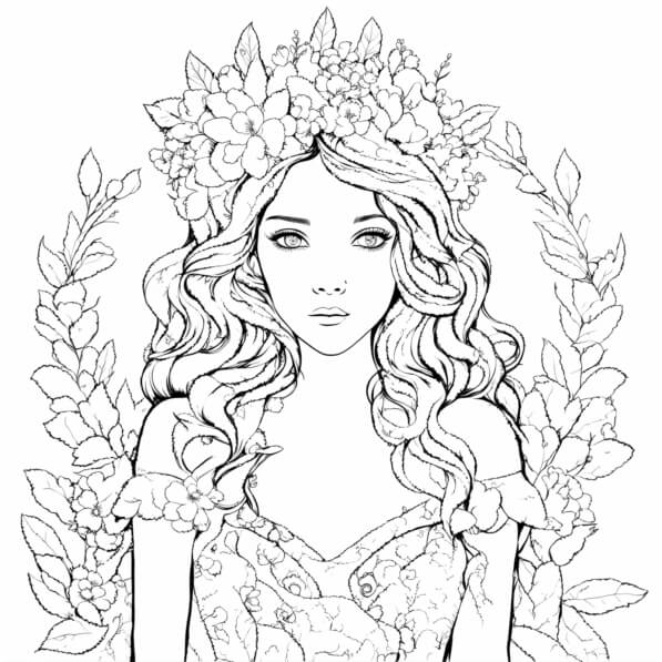 Download Illustration of a Woman with Floral Headpiece Coloring pages ...